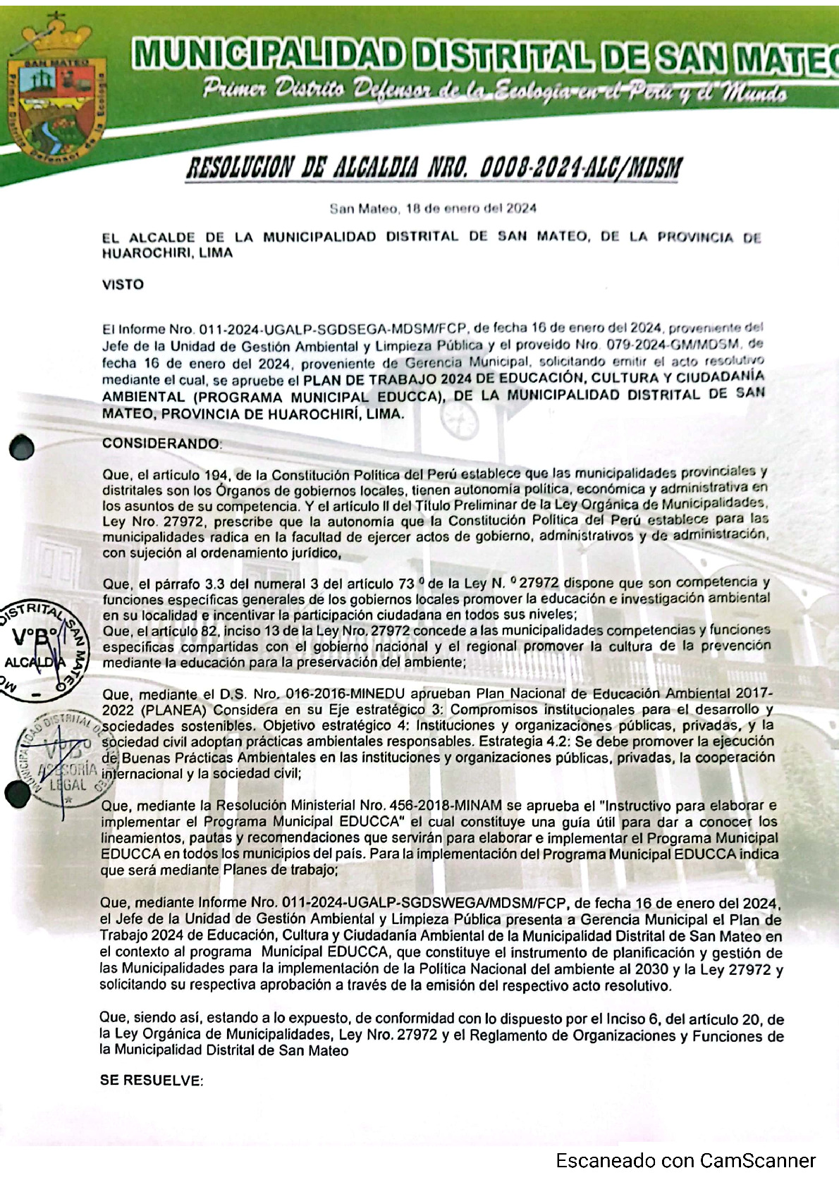 Plan de Trabajo 2024 del Programa Municipal EDUCCA - Municipalidad Distrital de San Mateo | SINIA